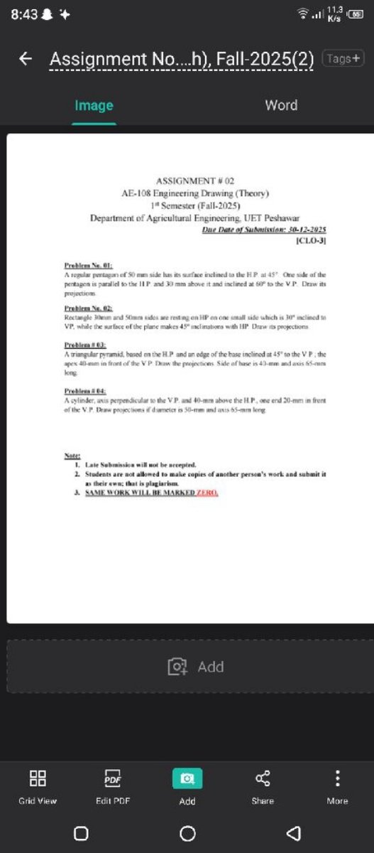ASSIGNMENT #02 AE-108 Engineering Drawing (Theory) 1st Semester (Fall-202..