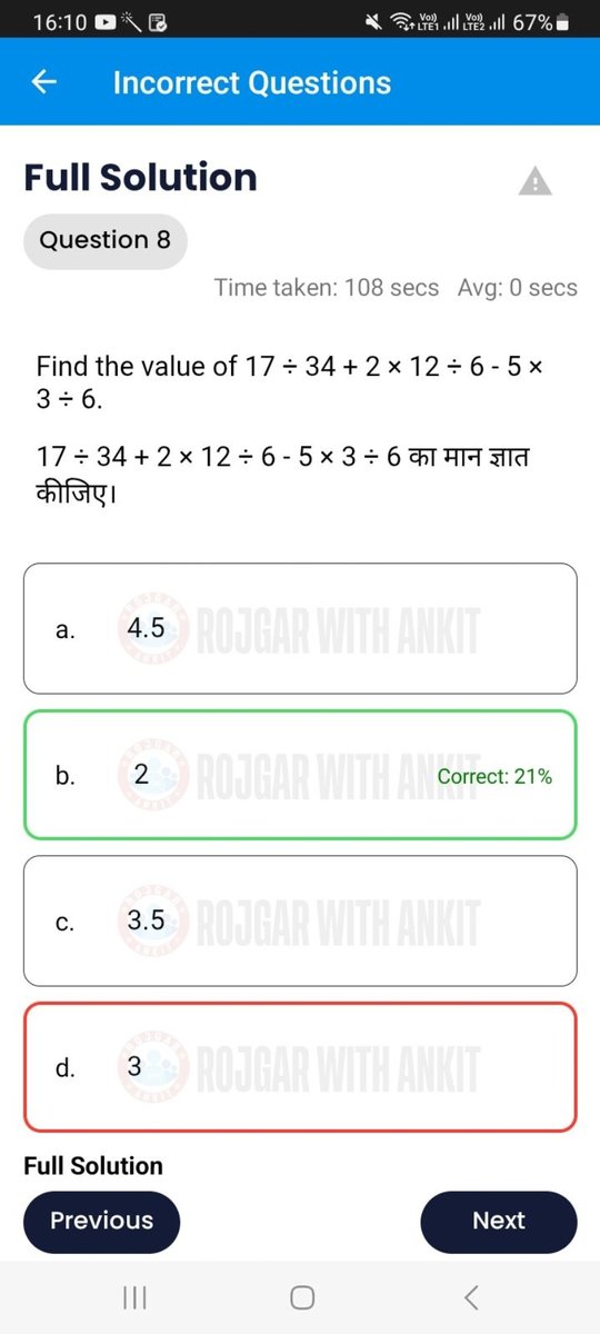 Find the value of 17 \div 34 + 2 \times 12 \div 6 - 5 \times 3 \div 6...