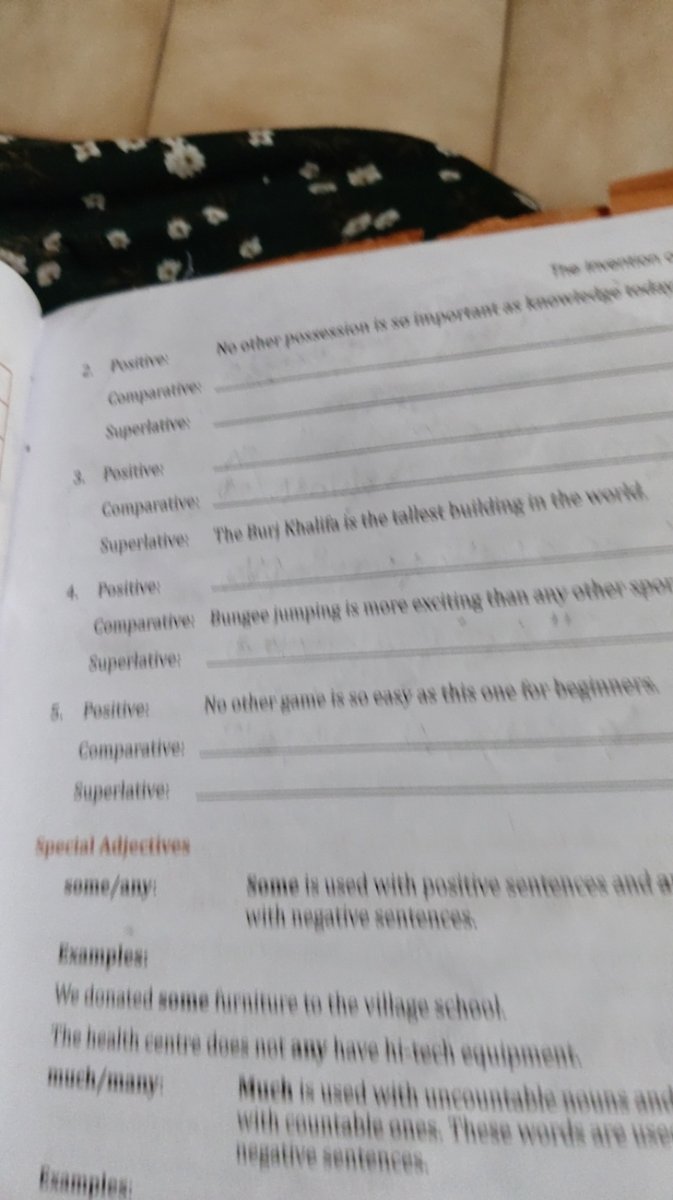 The image contains questions related to degrees of comparison (positive,