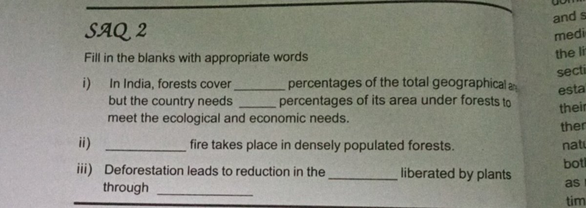 Fill in the blanks with appropriate words i) In India, forests cover _ pe..