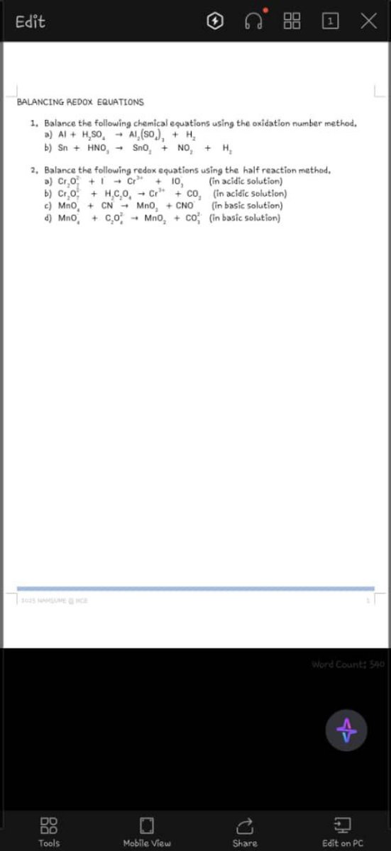 BALANCING REDOX EQUATIONS Balance the following chemical equations using..