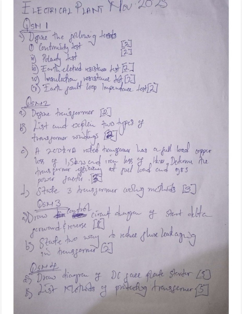 ELECTRICAL PLANT Nov. 2025 QSN 1 Define the following tests: i) Continui..
