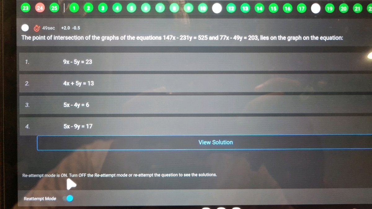 The point of intersection of the graphs of the equations 147x - 231y = 52..