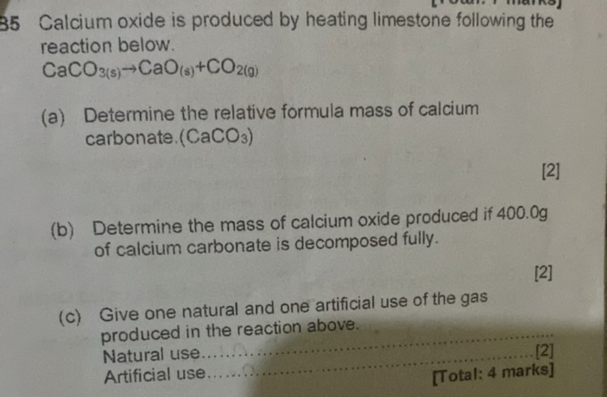 B5 Calcium oxide is produced by heating limestone following the reaction