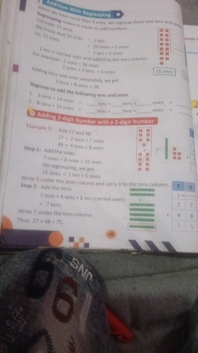 Regroup to add the following tens and ones. 3 tens + 14 ones = _ tens