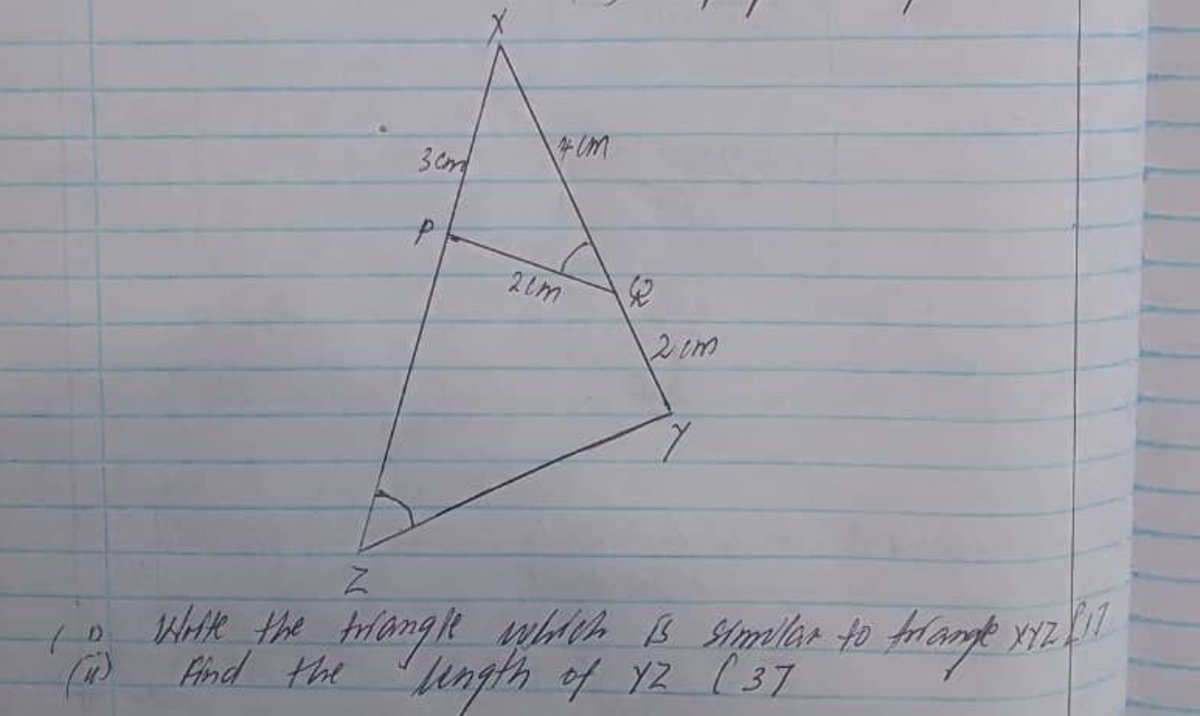 Here is a diagram of a triangle XYZ with a line segment PQ inside it. Gi..