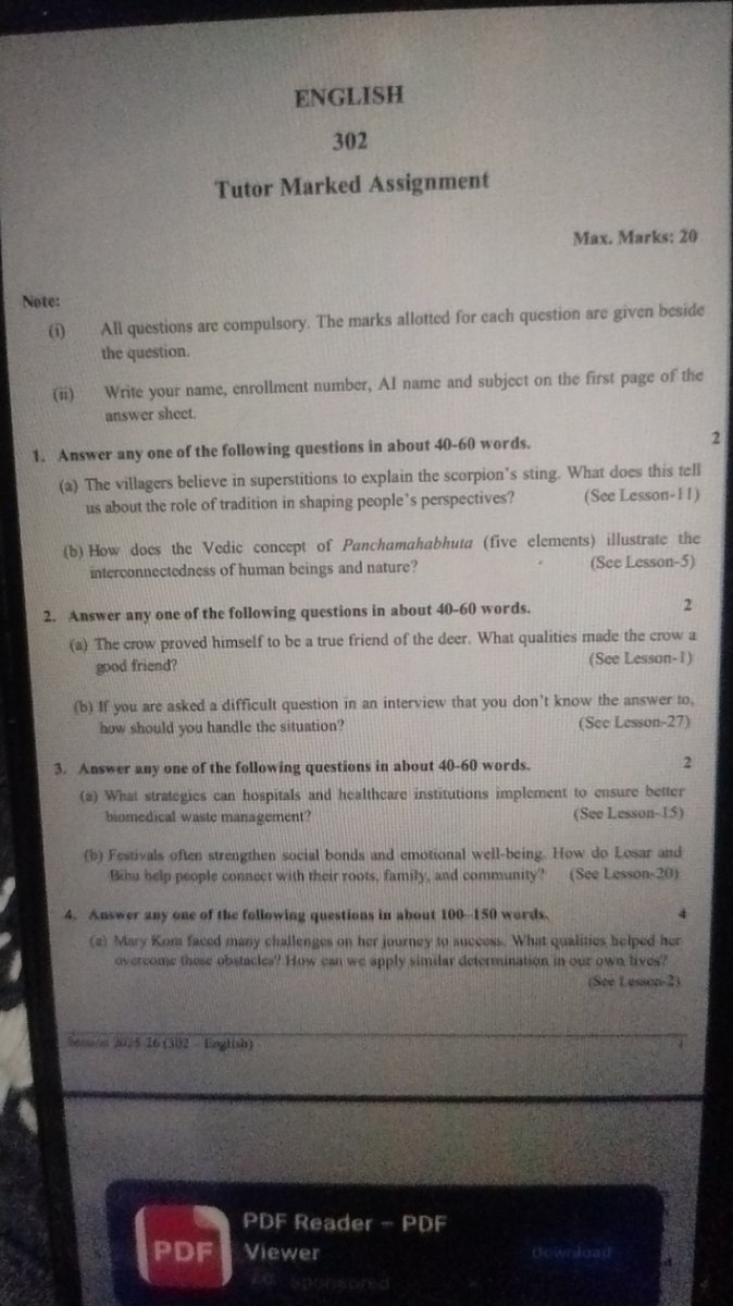 ENGLISH 302 Tutor Marked Assignment Max. Marks: 20 Note: (i) All question..