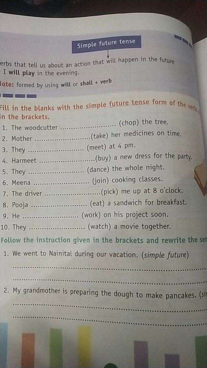 Fill in the blanks with the simple future tense form of the verbs in the