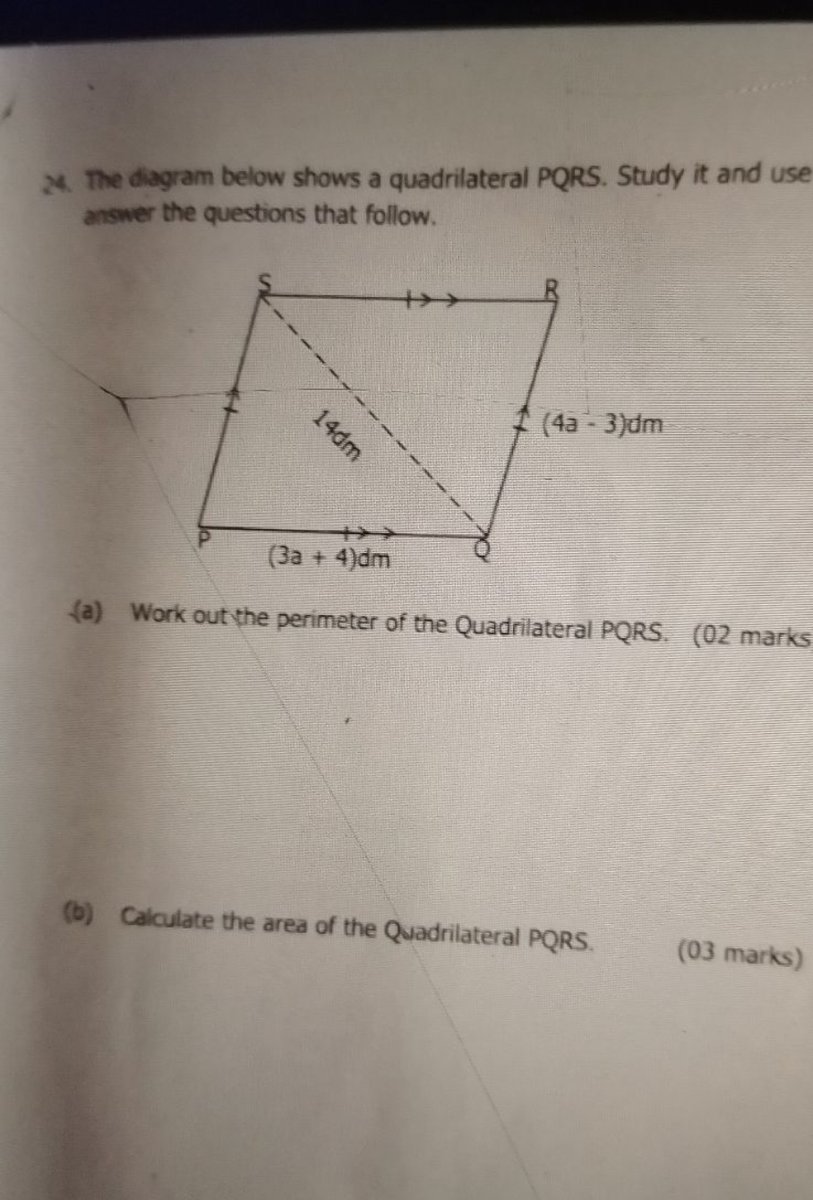 The diagram below shows a quadrilateral PQRS. Study it and use answer the..