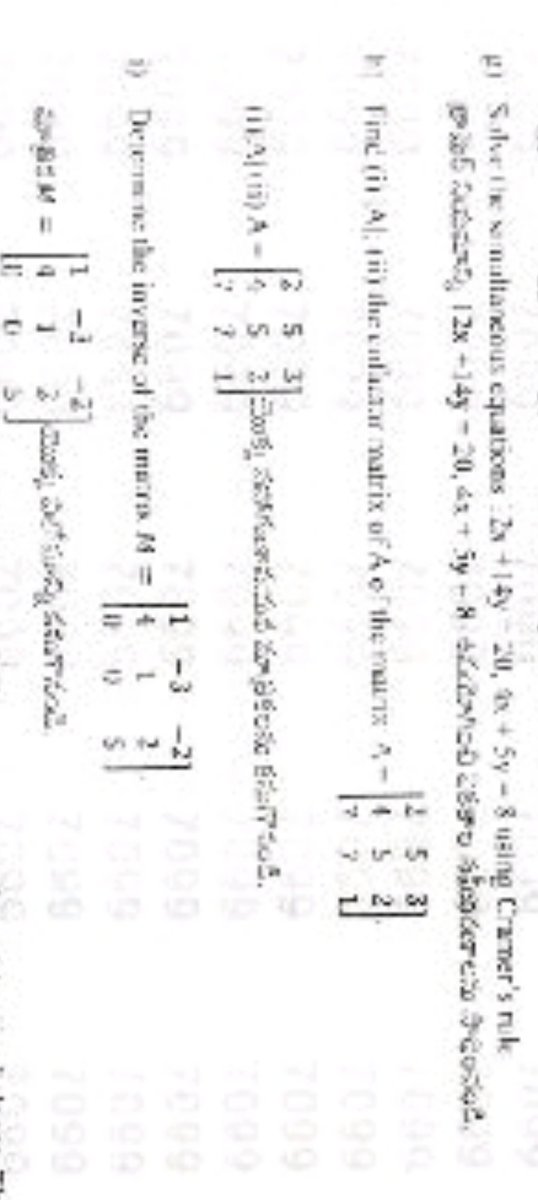 Solve the simultaneous equations 2x + 14y = 20, 4x + 5y = 8 using Cramer'..
