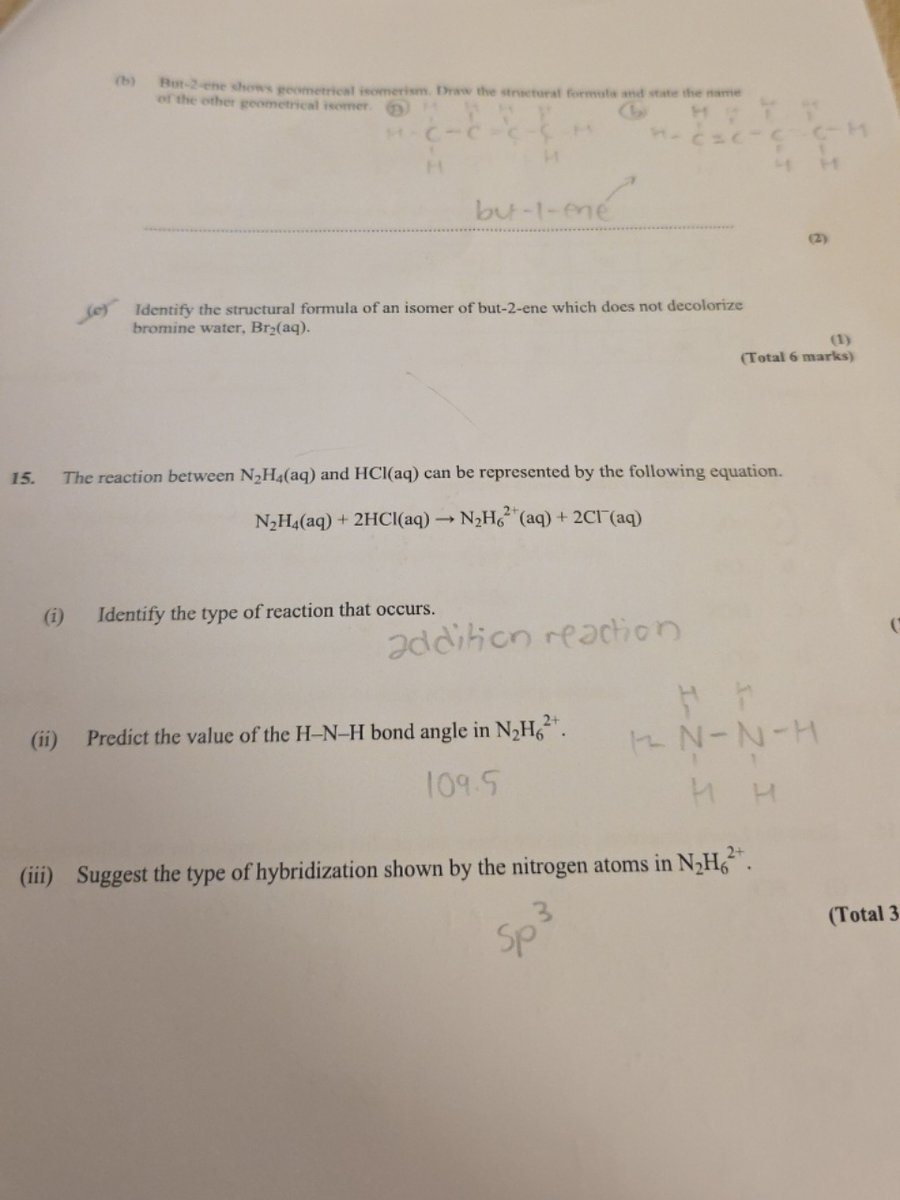(b) But-2-ene shows geometrical isomerism. Draw the structural formula an..