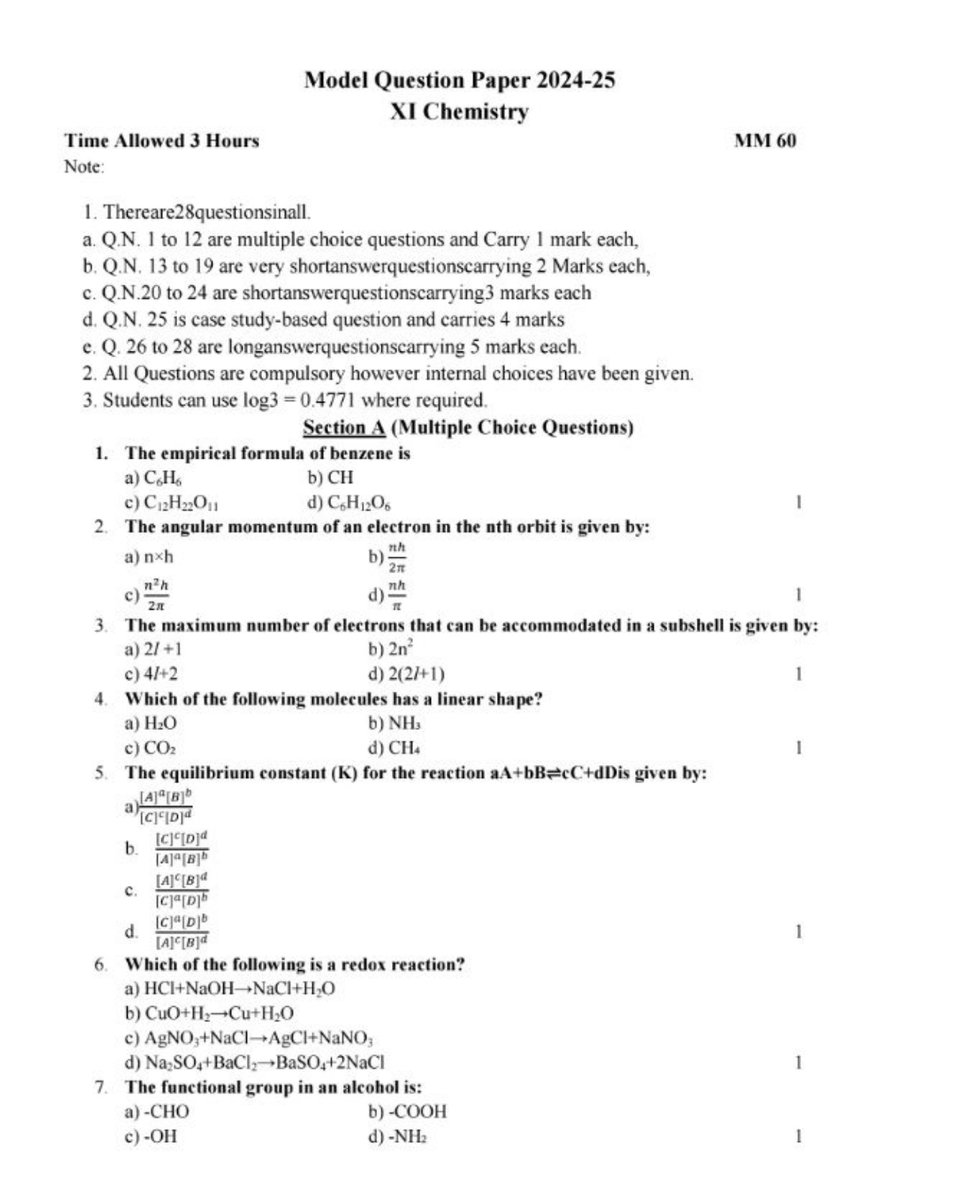 Model Question Paper 2024-25 XI Chemistry Time Allowed 3 Hours MM 60 Note..
