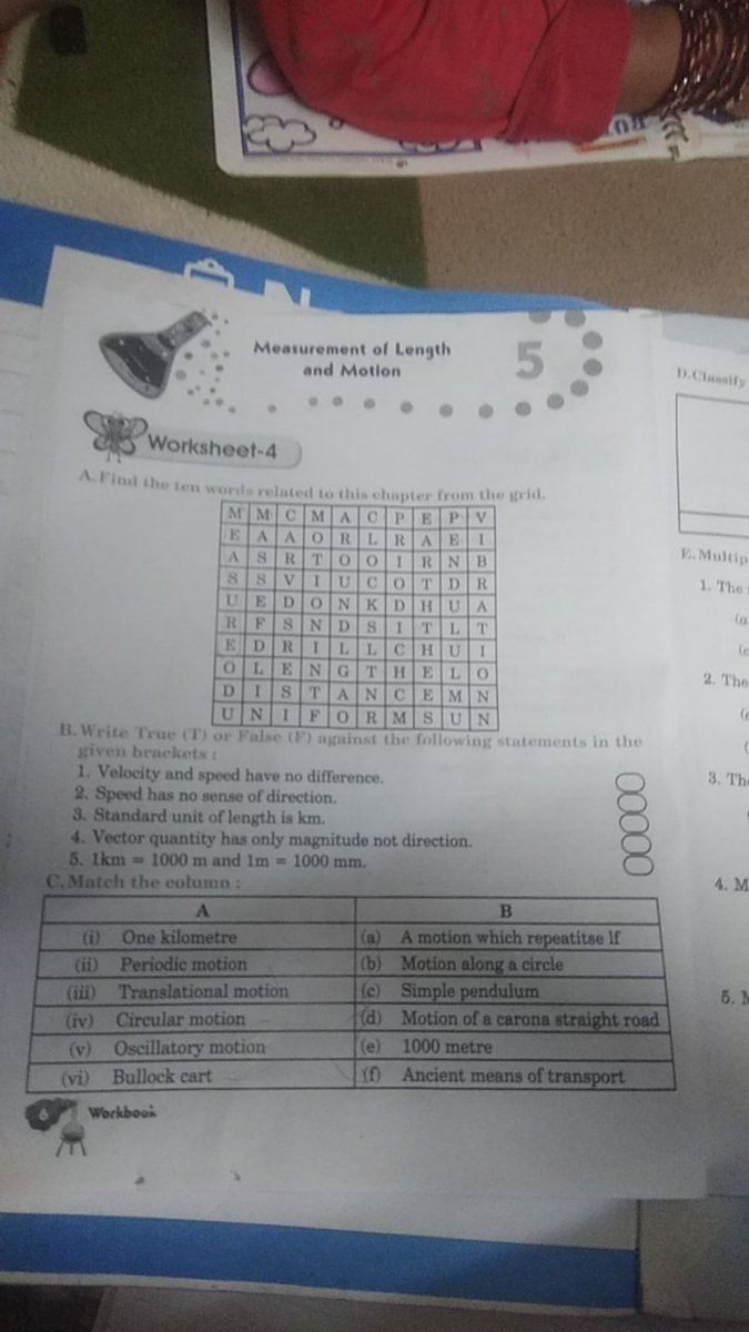 Measurement of Length and Motion Worksheet-4 A. Find the ten words rela..