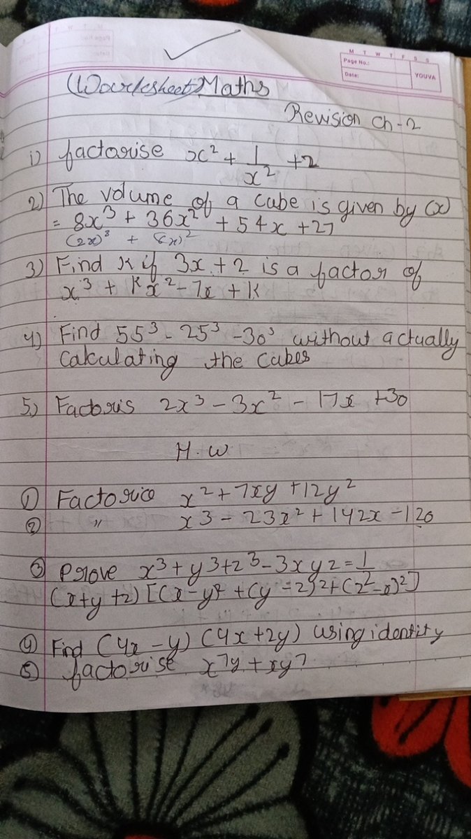 Here are some math problems from a worksheet: Revision Ch-2 Factorise x..