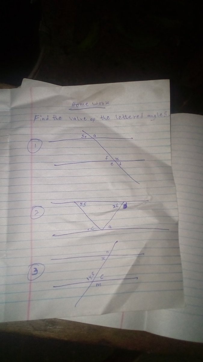 Home work Find the value of the lettered angles. Diagram showing two par..