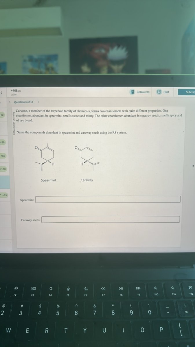 Carvone, a member of the terpenoid family of chemicals, forms two enantio..