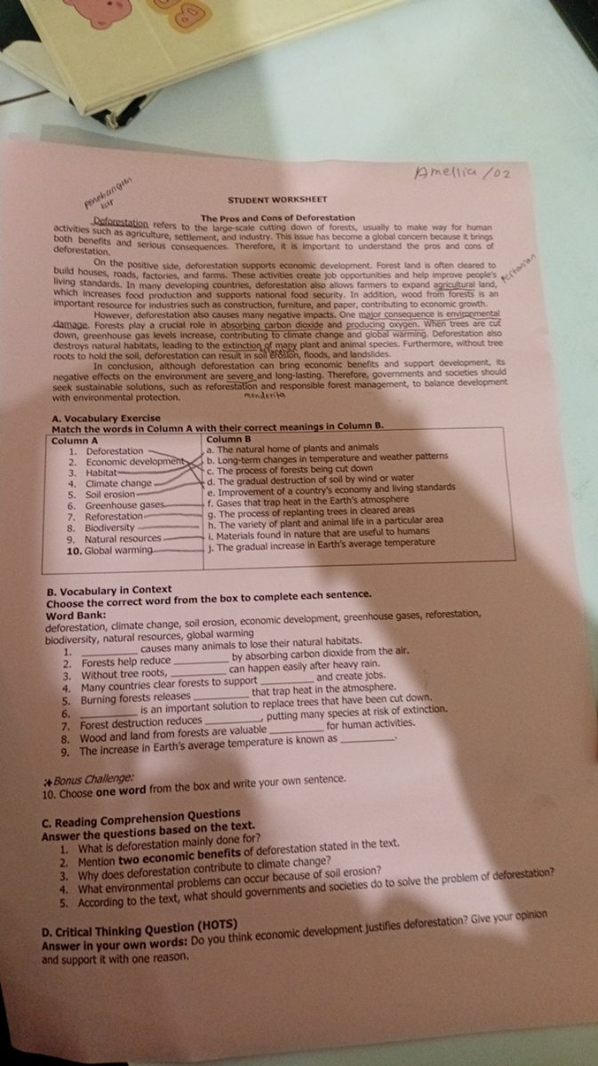 STUDENT WORKSHEET The Pros and Cons of Deforestation Deforestation refer..
