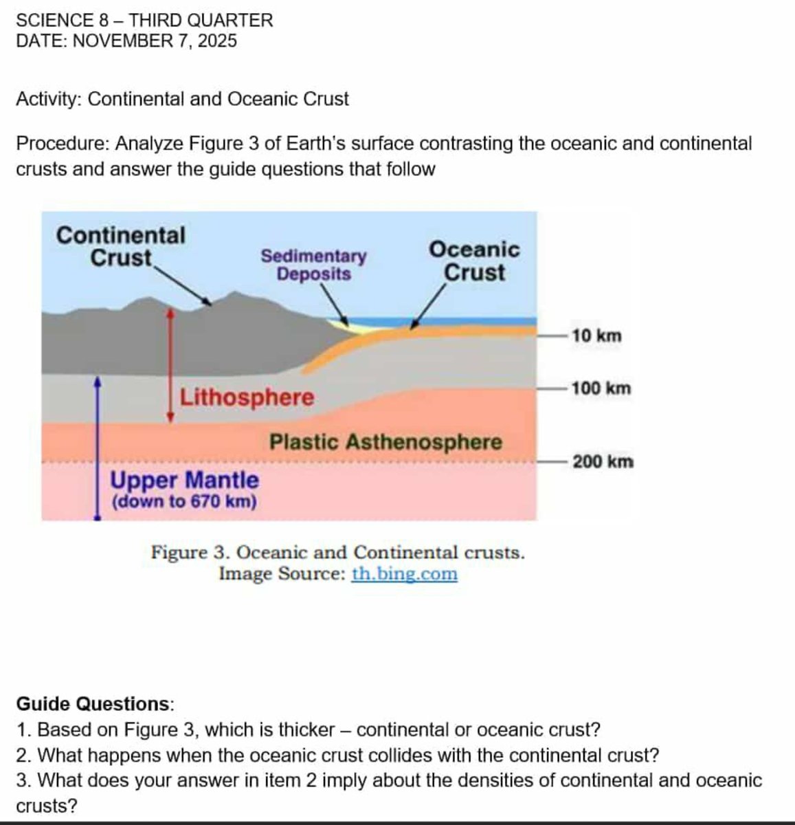SCIENCE 8 – THIRD QUARTER DATE: NOVEMBER 7, 2025 Activity: Continental a..