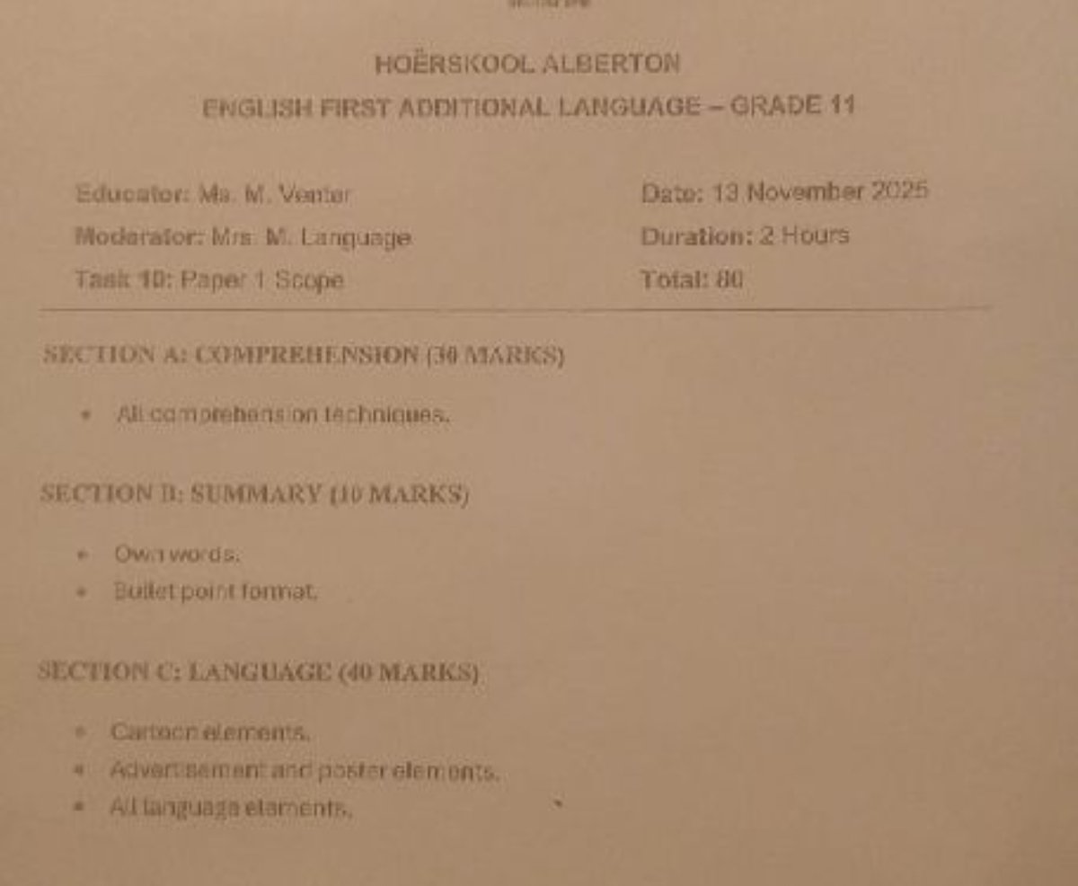 HOËRSKOOL ALBERTON ENGLISH FIRST ADDITIONAL LANGUAGE – GRADE 11 Educator..