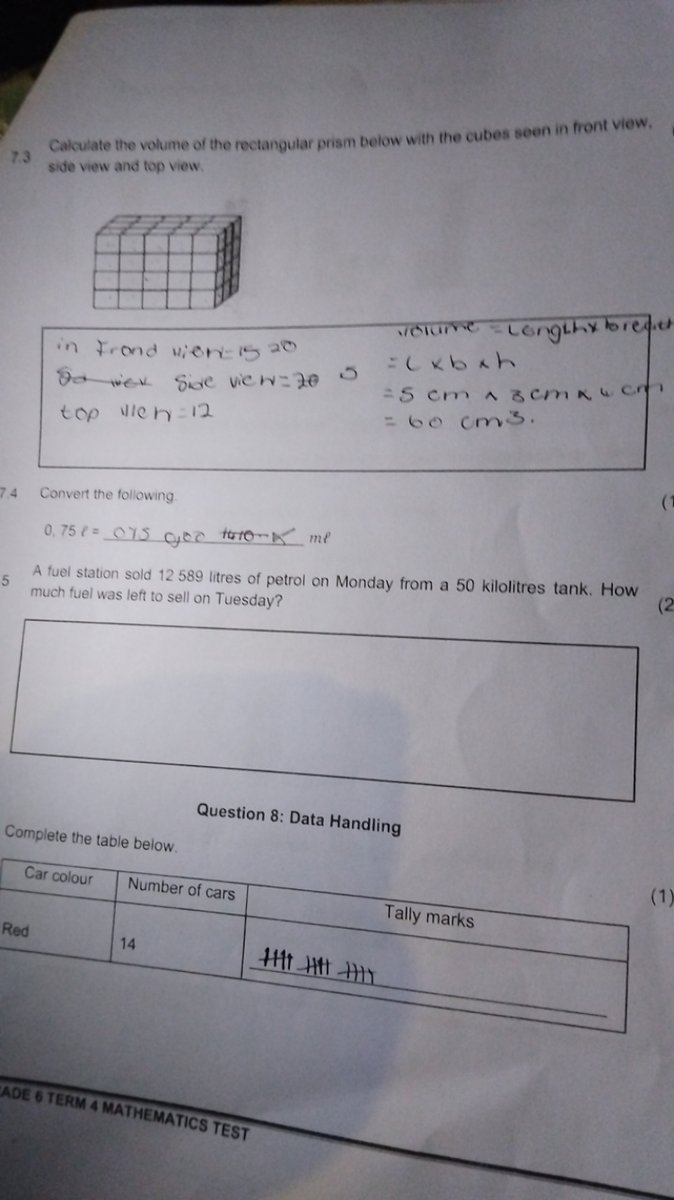 7.3 Calculate the volume of the rectangular prism below with the cubes se..