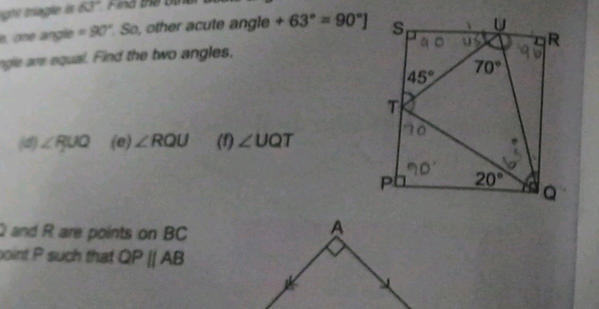 Given the diagram, find the angles: (d) ∠RUQ (e) ∠RQU (f) ∠UQT | Filo