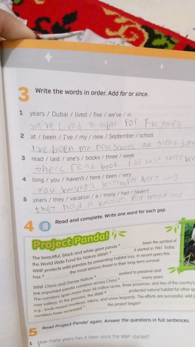 3. Write the words in order. Add for or since. years / Dubai / lived / f..