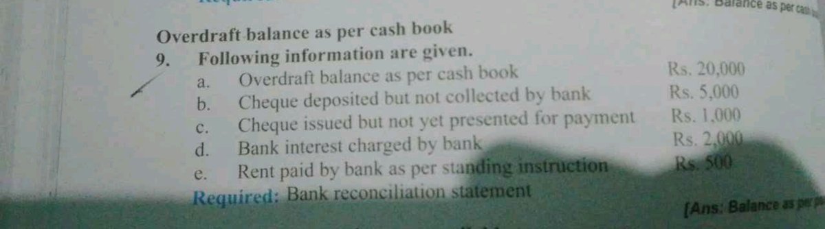 Overdraft balance as per cash book Following information are given. a. Ov..