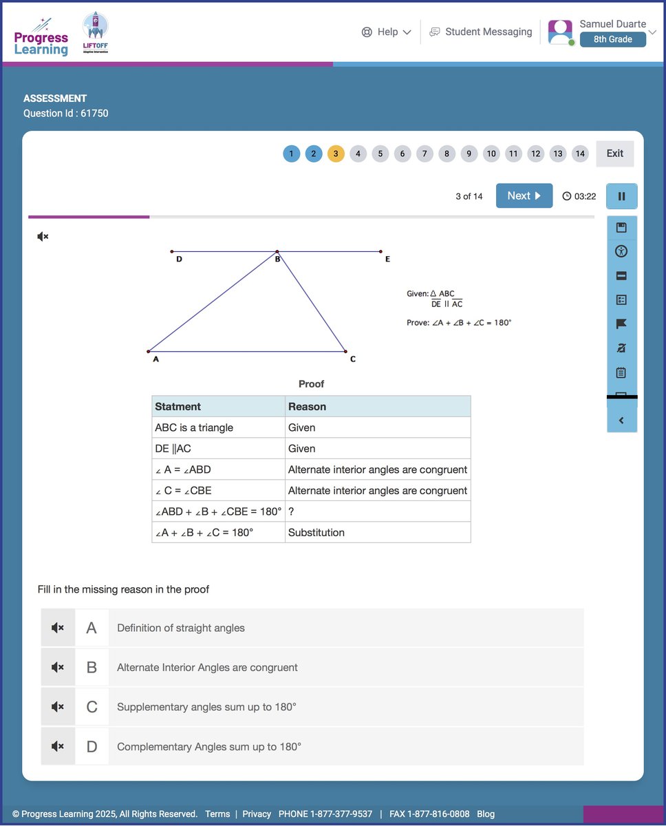 Fill in the missing reason in the proof. Given: \triangle ABC, DE \paral..
