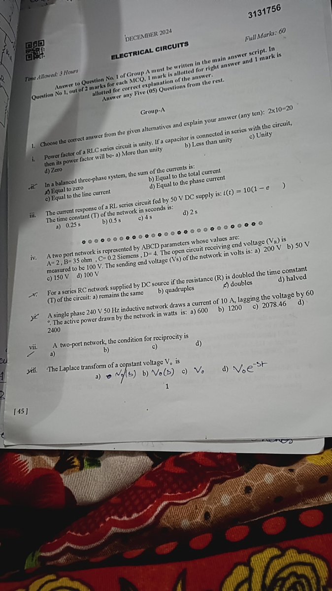 Here are some multiple-choice questions related to Electrical Circuits: