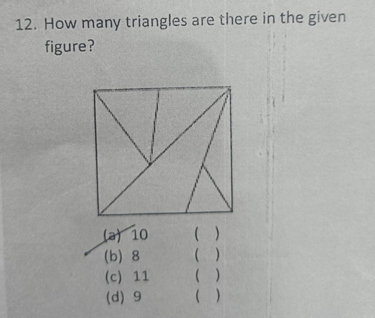 How many triangles are there in the given figure? (a) 10 (b) 8 (c) 11 (d..
