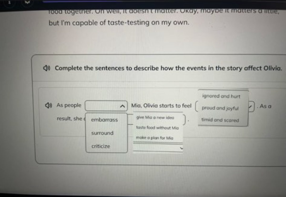 Complete the sentences to describe how the events in the story affect Oli..