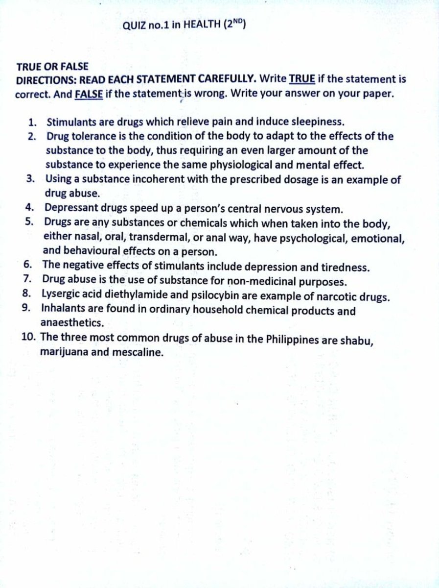 QUIZ no.1 in HEALTH (2ND) TRUE OR FALSE DIRECTIONS: READ EACH STATEMENT
