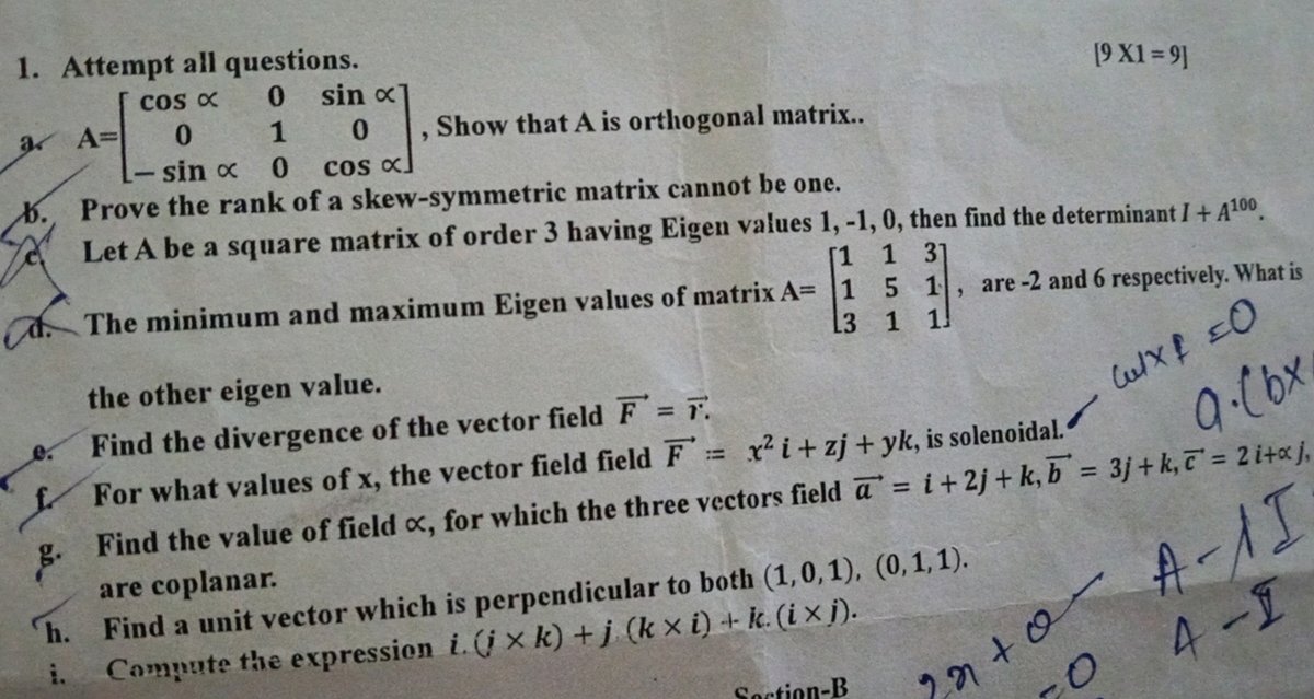 Attempt all questions. a. A = \begin{bmatrix} \cos \alpha & 0 & \sin \al..
