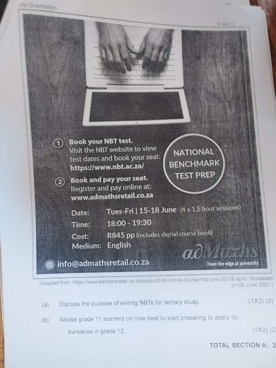 Here's the question image Life Orientation Grade 11 ① Book your NBT tes..