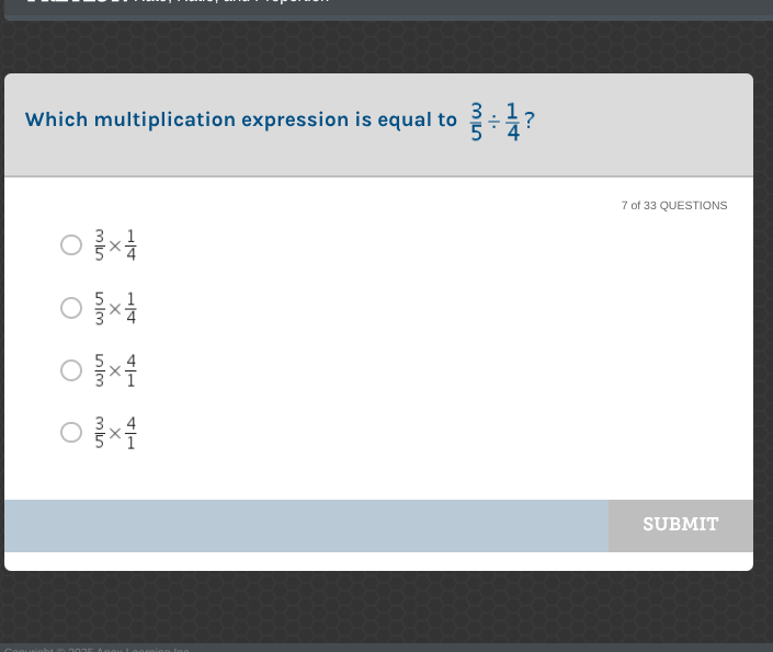 Which multiplication expression is equal to \frac{3}{5} \div \frac{1}{4}?..