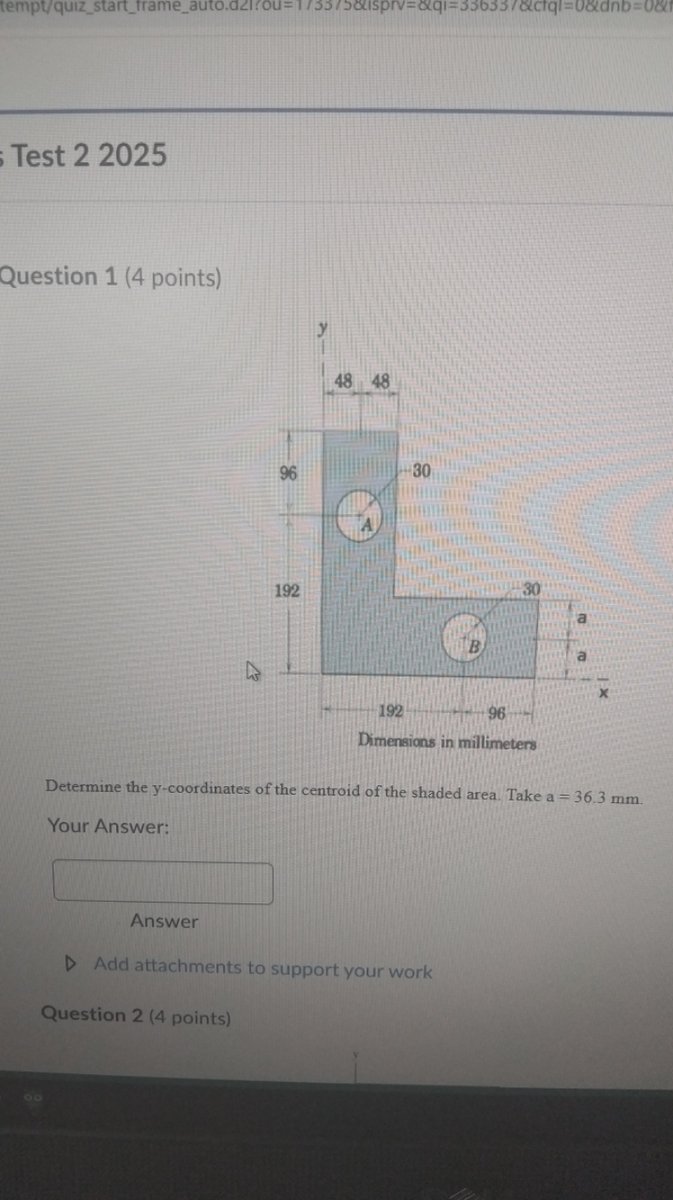 Determine the y-coordinates of the centroid of the shaded area. Take a