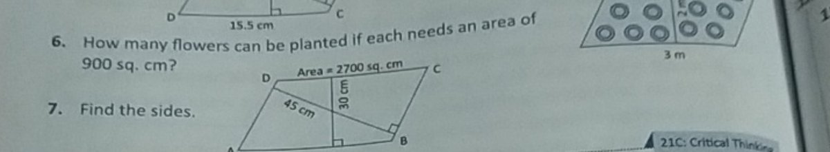 How many flowers can be planted if each needs an area of 900 sq. cm? Fin..
