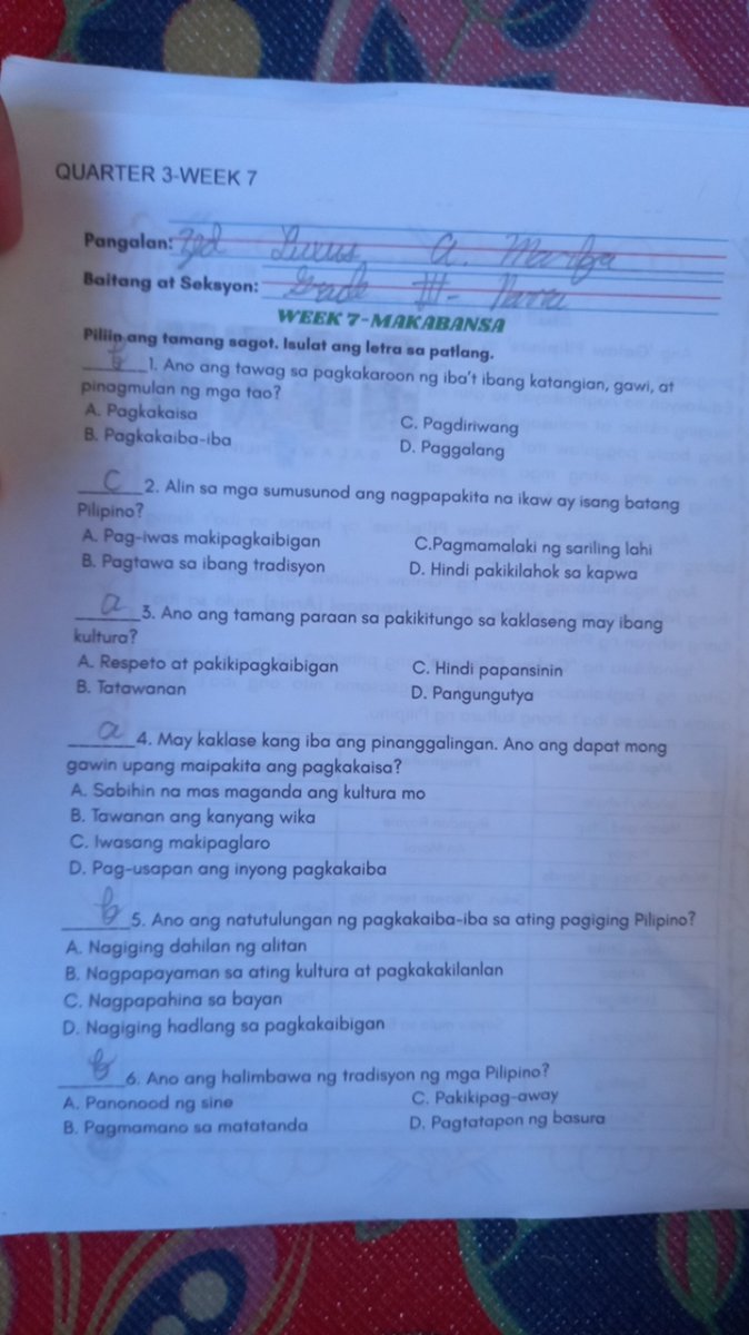 Piliin ang tamang sagot. Isulat ang letra sa patlang. Ano ang tawag sa p..