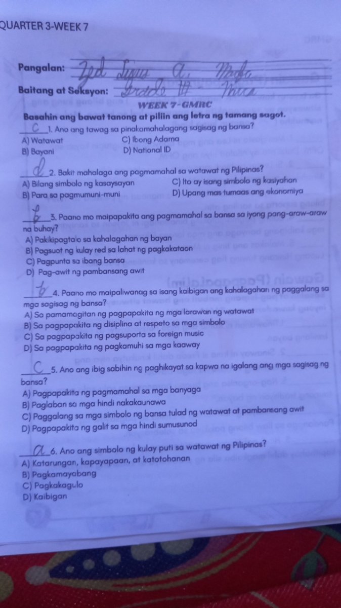 Basahin ang bawat tanong at piliin ang letra ng tamang sagot. Ano ang ta..