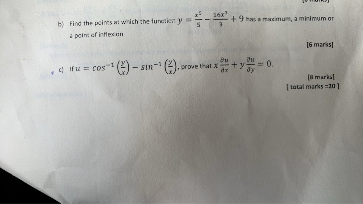 b) Find the points at which the function y = \frac{x^5}{5} - \frac{16x^3}..