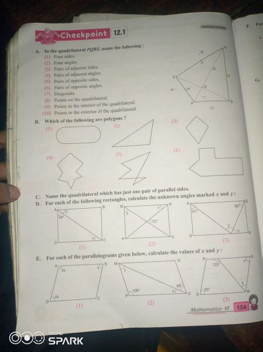 Checkpoint 12.1 A. In the quadrilateral PQRS, name the following: (1) Fou..