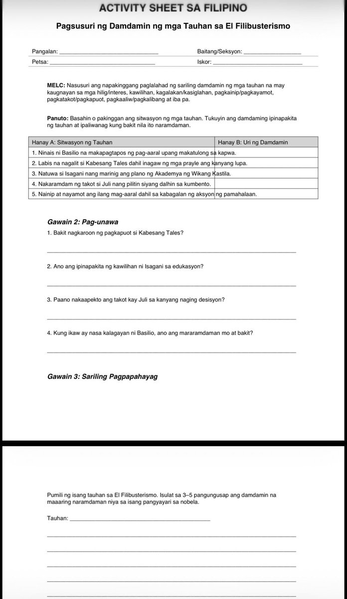 Here is an activity sheet for Filipino, focusing on analyzing the emotion..