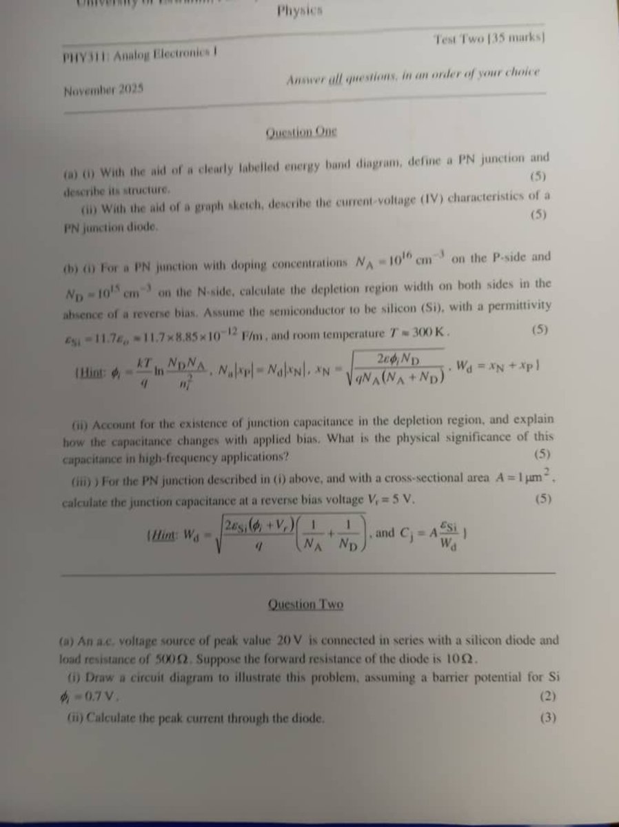 Question One (a) (i) With the aid of a clearly labelled energy band diag..
