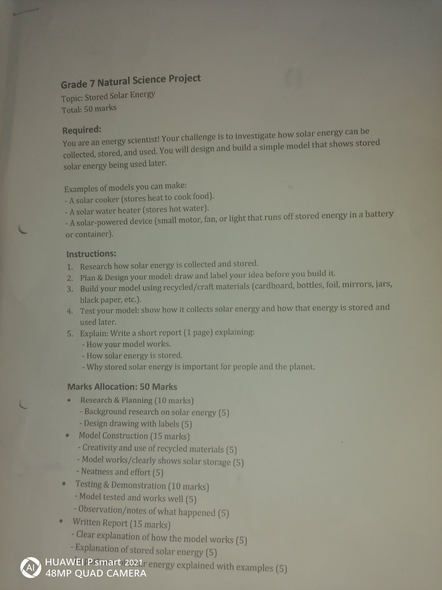 Grade 7 Natural Science Project Topic: Stored Solar Energy Total: 50 mar..