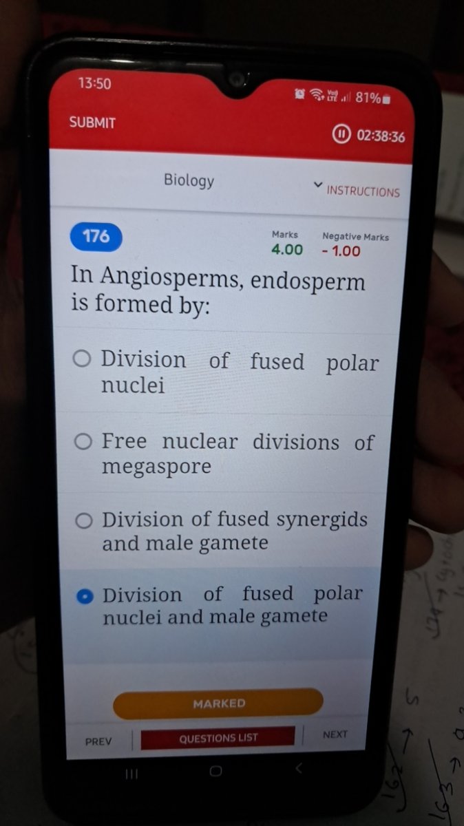 In Angiosperms, endosperm is formed by: A. Division of fused polar nucle..