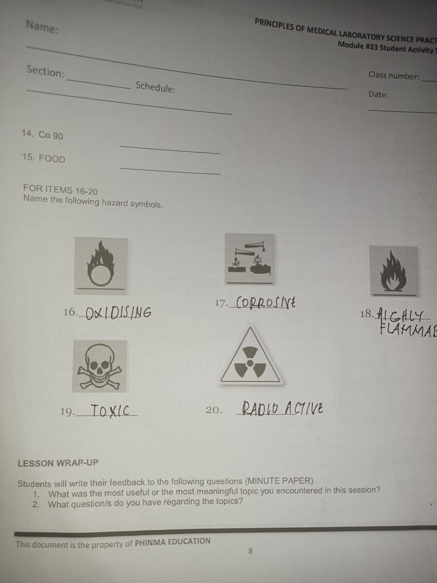 FOR ITEMS 16-20 Name the following hazard symbols. [Image of Oxidising s..