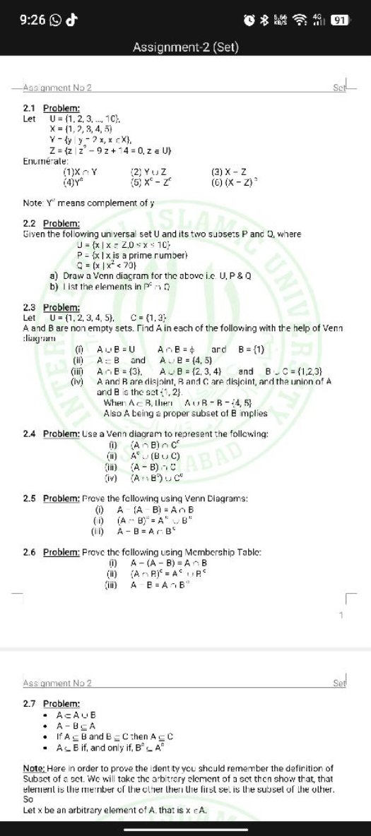 Assignment No 2 2.1 Problem: Let U = {1, 2, 3, ..., 10}, X = {1, 2, 3, 4..