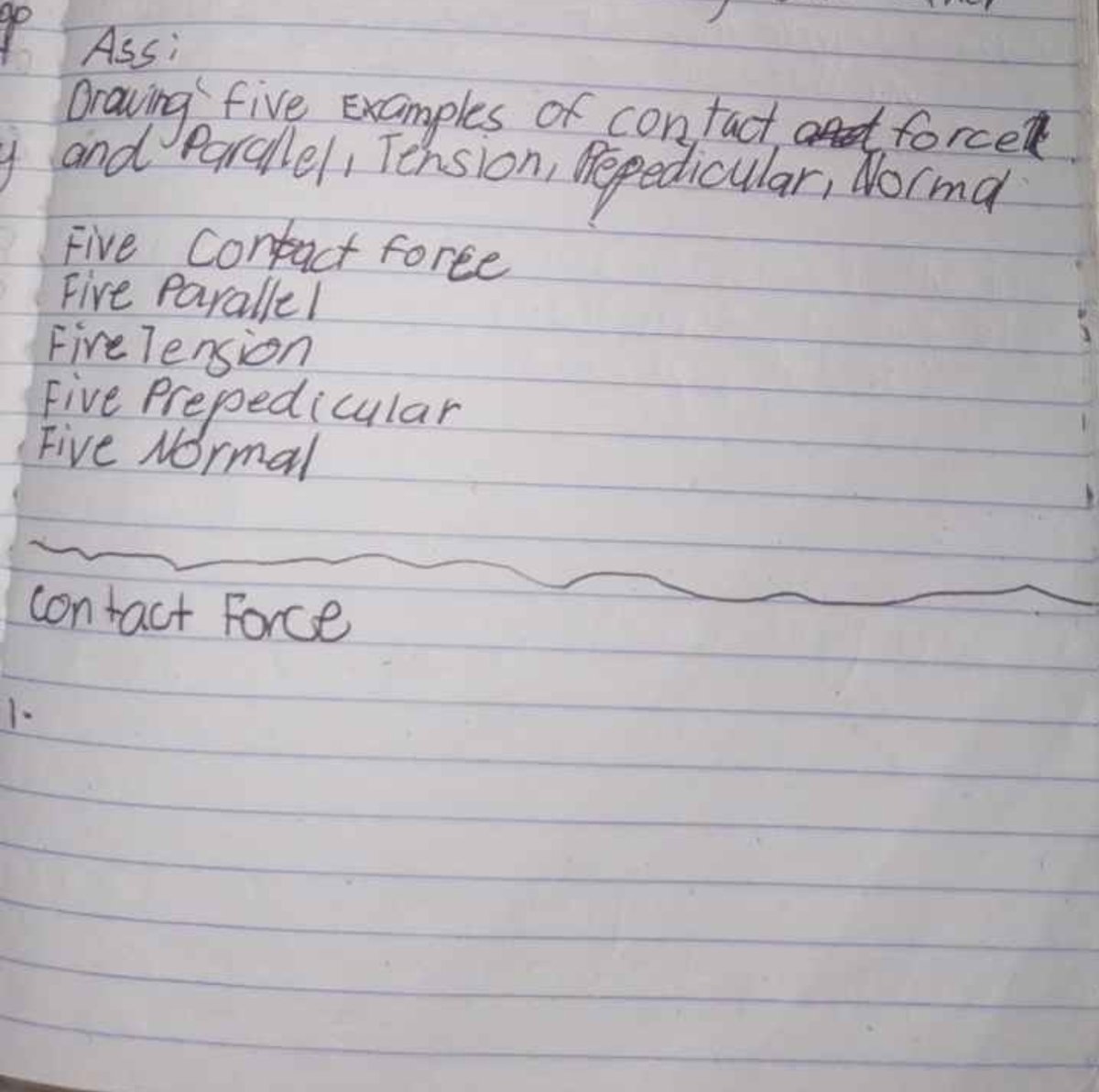 Drawing five examples of contact force and parallel, tension, perpendicul..