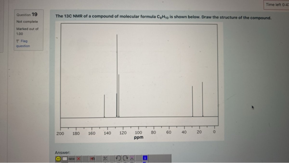 The 13C NMR of a compound of molecular formula C8H10 is shown below. Draw..