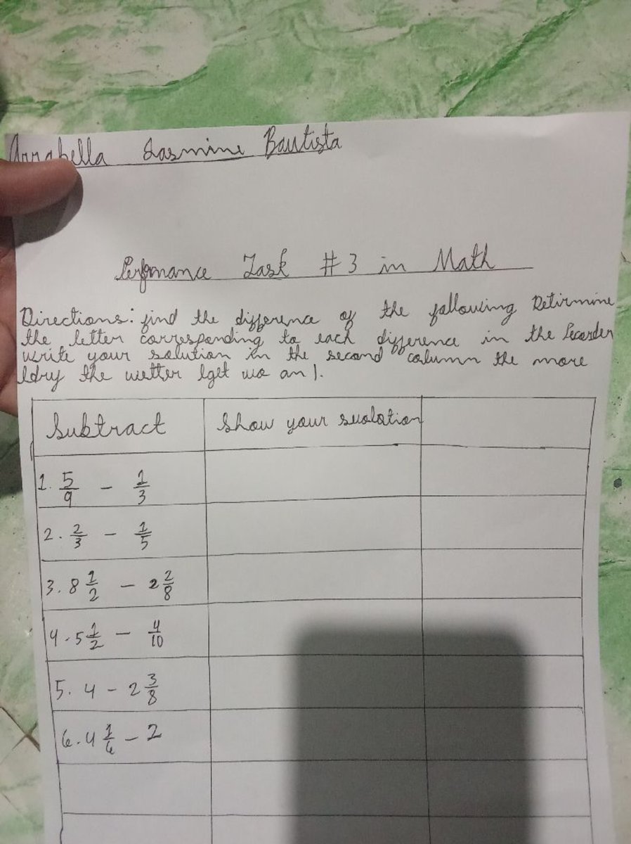 Performance Task #3 in Math Directions: Find the difference of the follo..